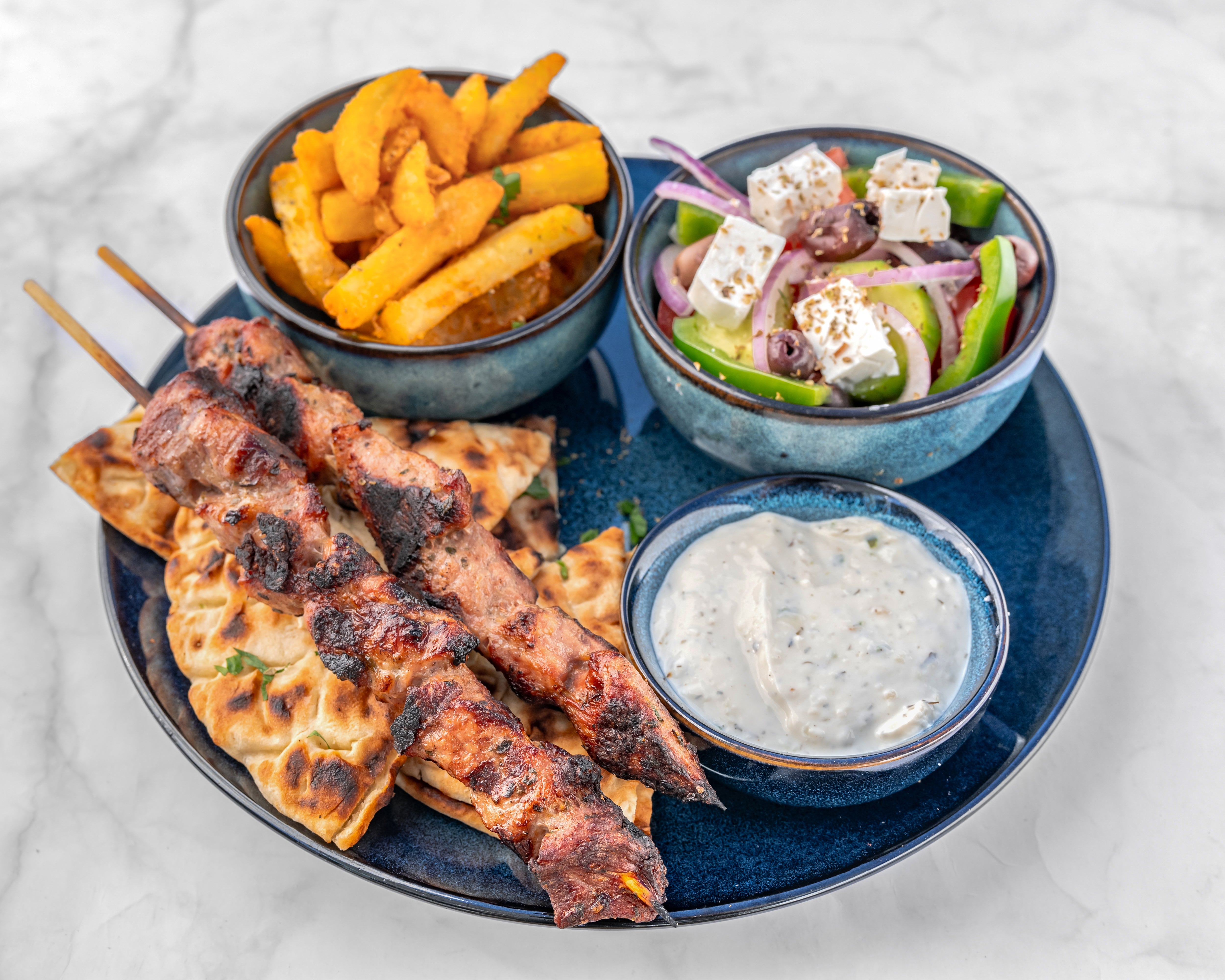 Plate - Pork Souvlakia | Oreo Greek Eatery